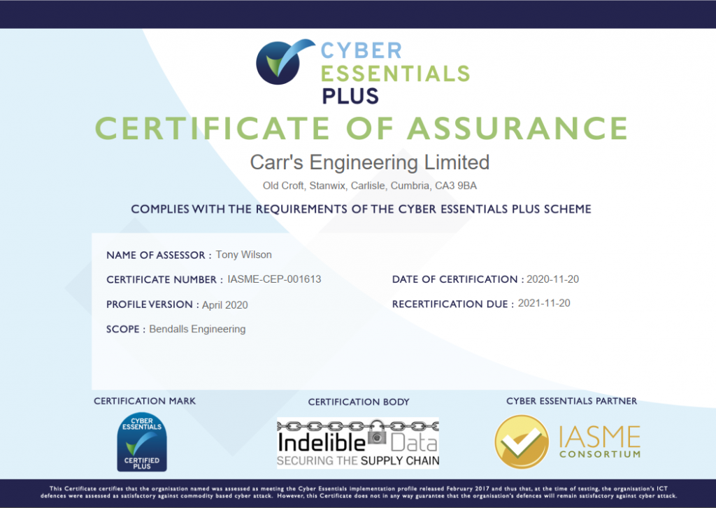 Cyber Essentials Plus Re-Certification - Bendalls Engineering