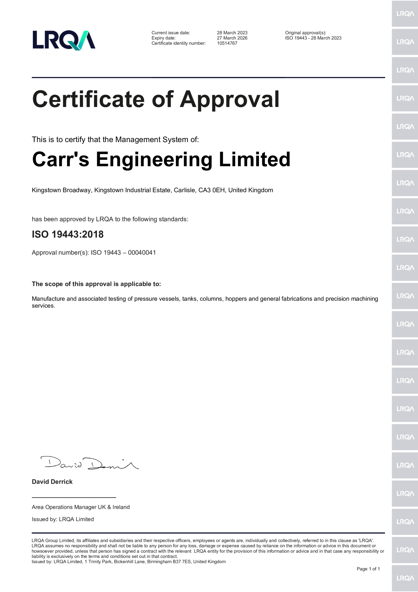 ISO 19443:2018 Accreditation Achievement! - Bendalls Engineering